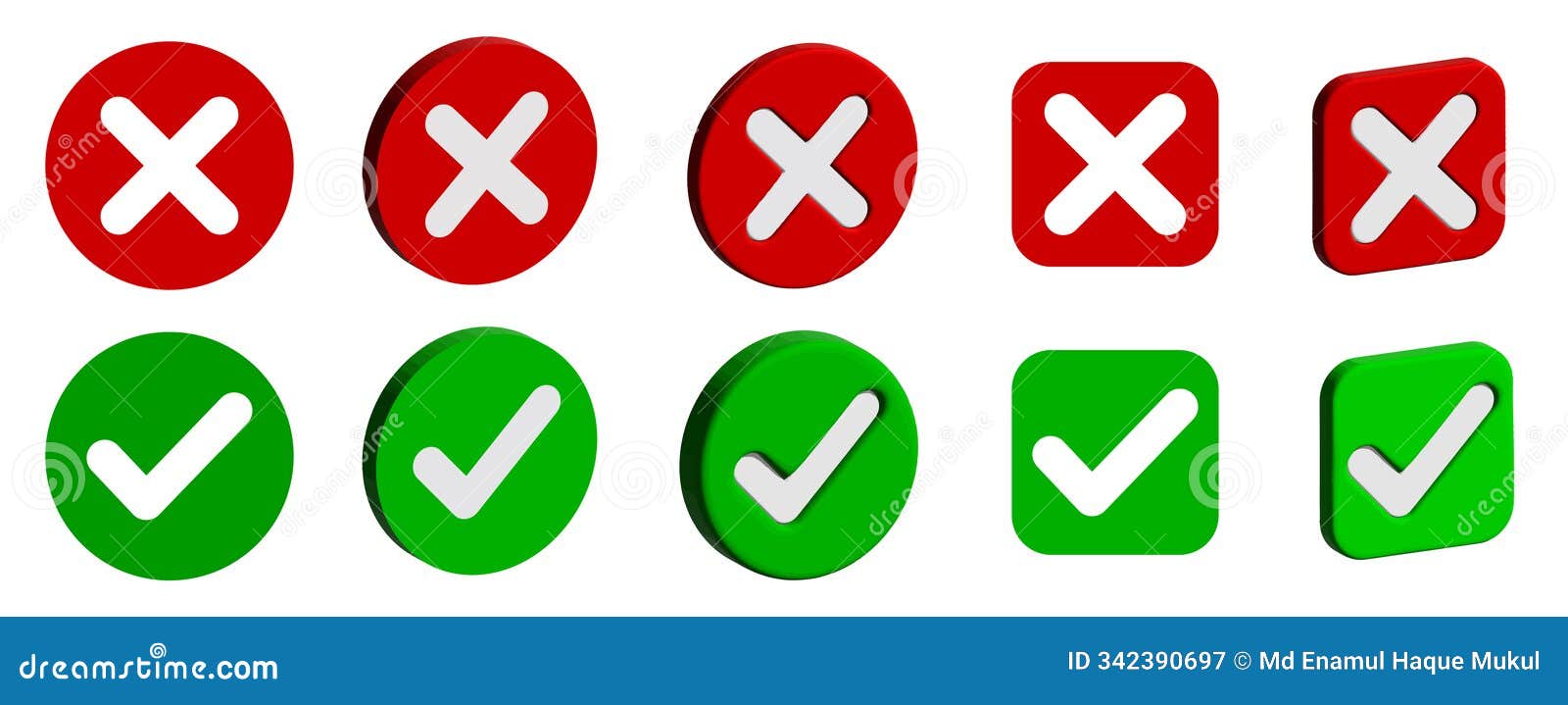 3D Right and Wrong Buttons. 3D Cross and Check Mark Icons Round Buttons ...