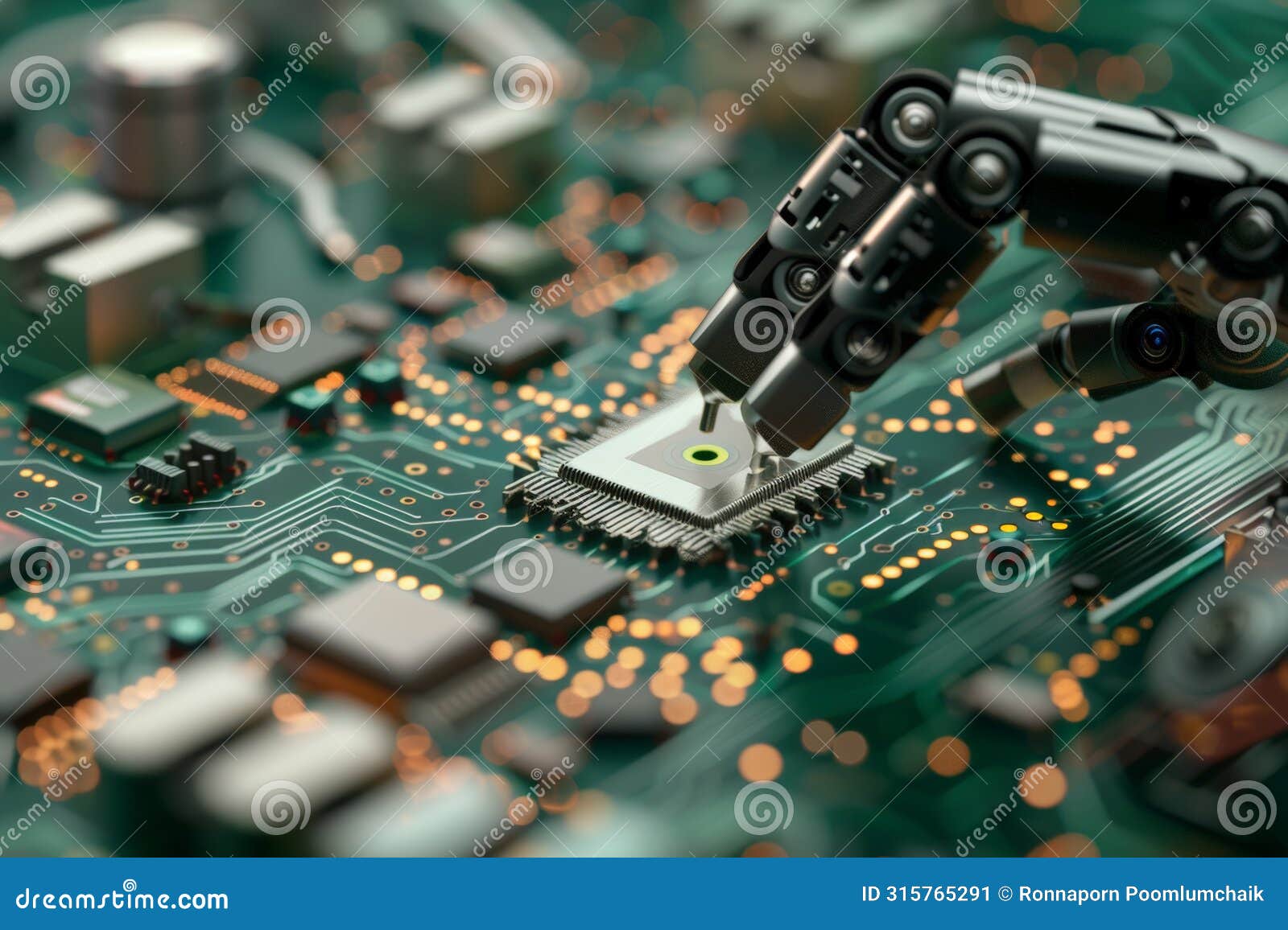A 3D Robot Arm Icon Delicately Assembling a Microcircuit, Emphasizing ...