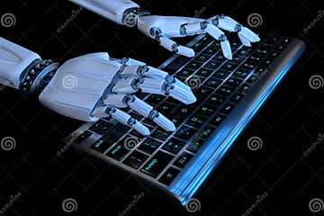 3d Robot Hands Typing on Keyboard, Keypad. Robotic Hand Cyborg Using Computer. 3d Render ...