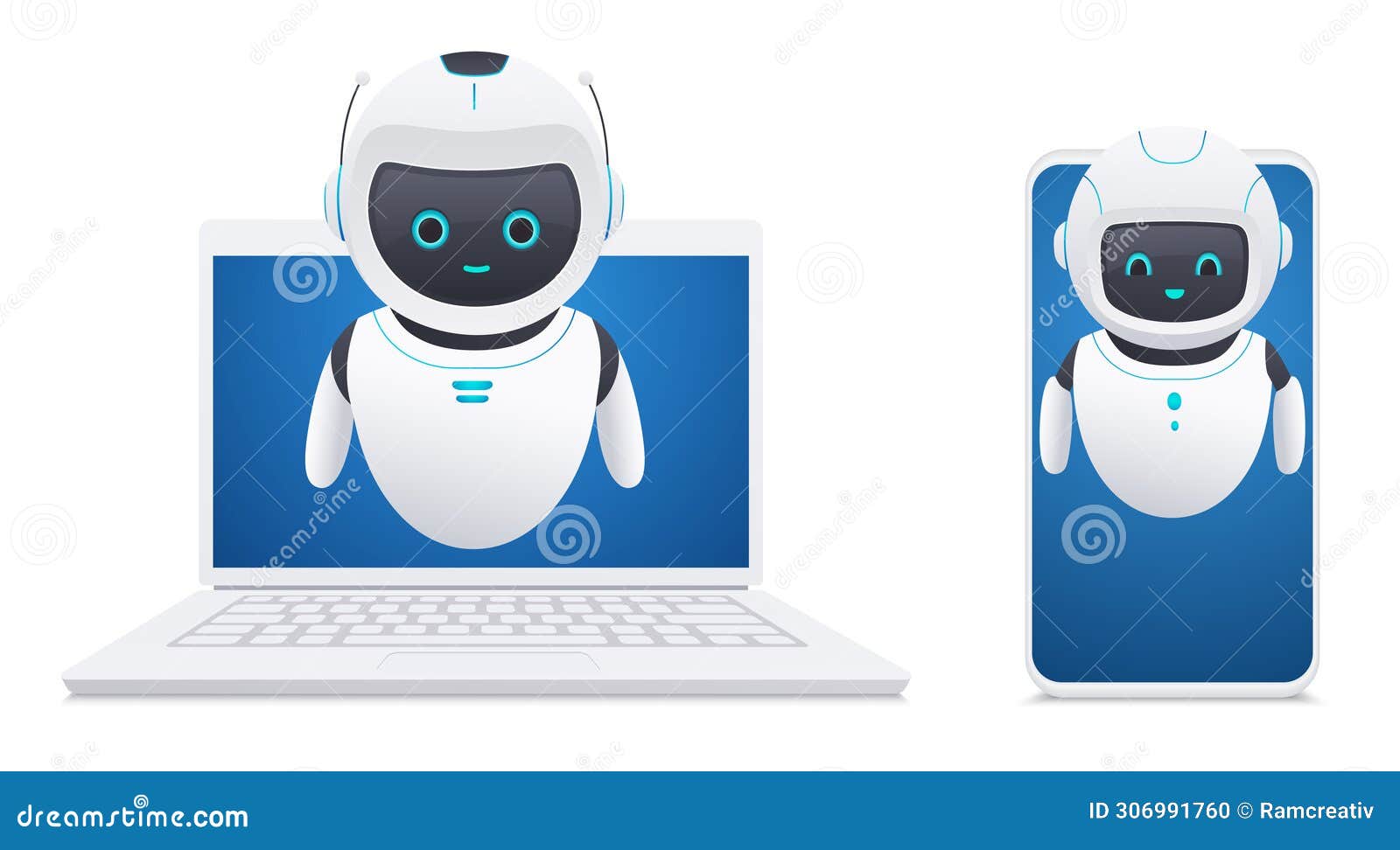 3D Robot Interacting with the Interface of Smartphone, Laptop. Chat Bot ...