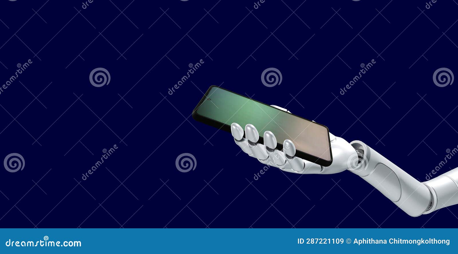 3D Robotic Hand Holding Smart Phone Isolate on Blue, Technology Concept ...