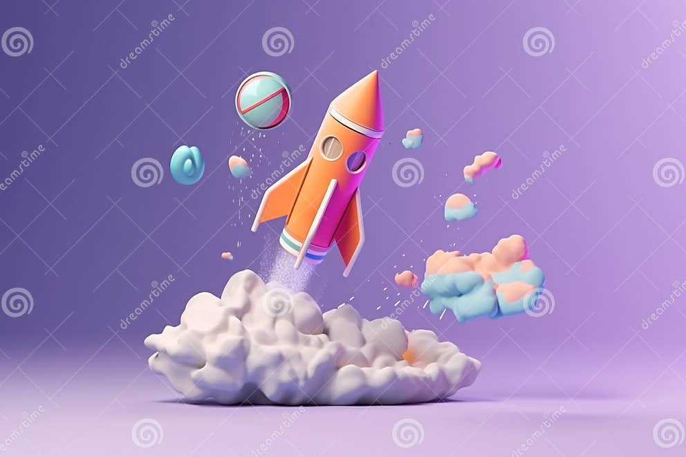 3D Rocket Blasting Off from a Cloud with Flames and Smoke, Dynamic ...