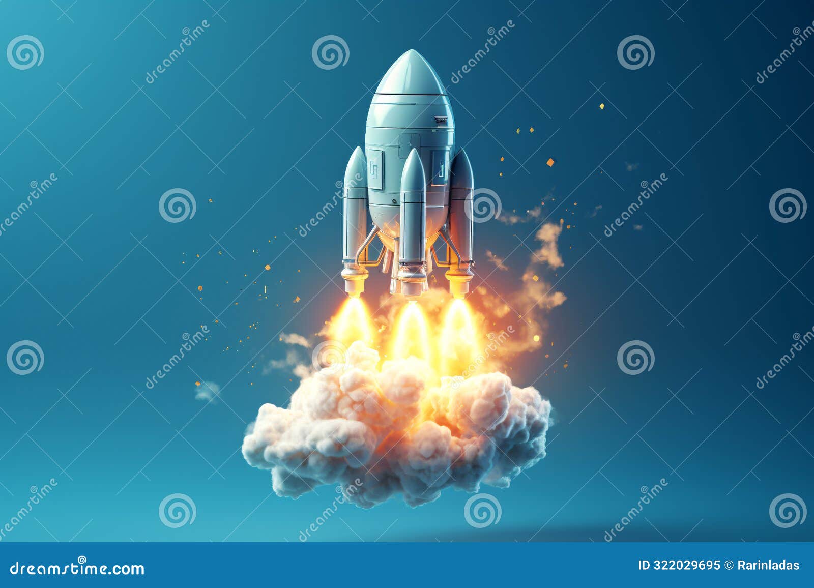 3D Rocket Blasting Off From A Cloud With Flames And Smoke, Dynamic ...