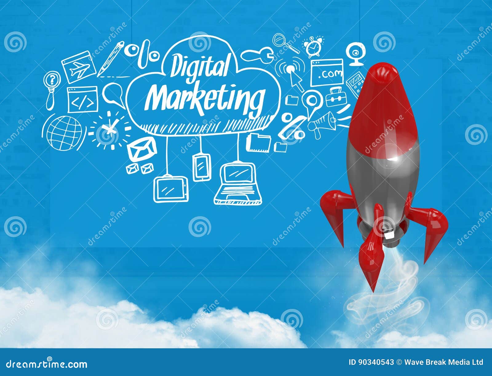 3D Rocket Flying and Digital Marketing Text with Drawings Graphics ...