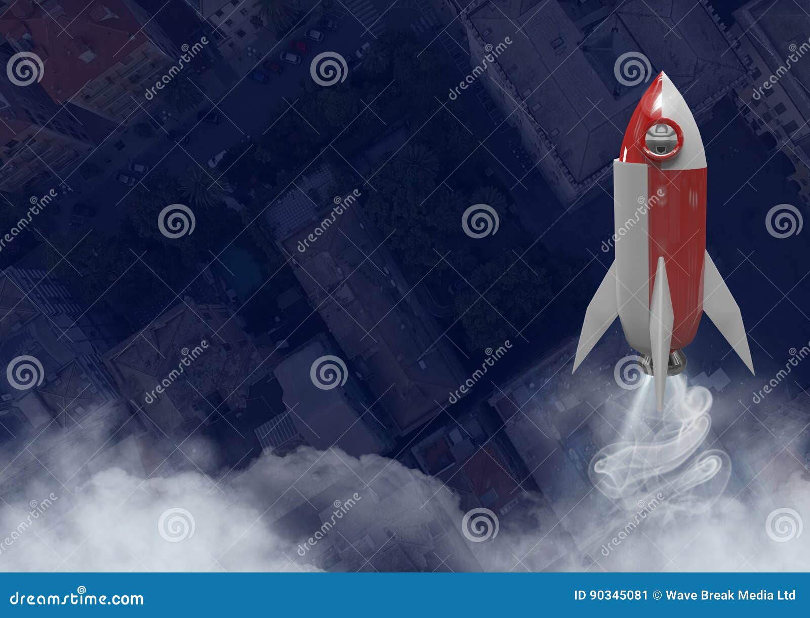 3D Rocket flying over city stock illustration. Illustration of blur ...