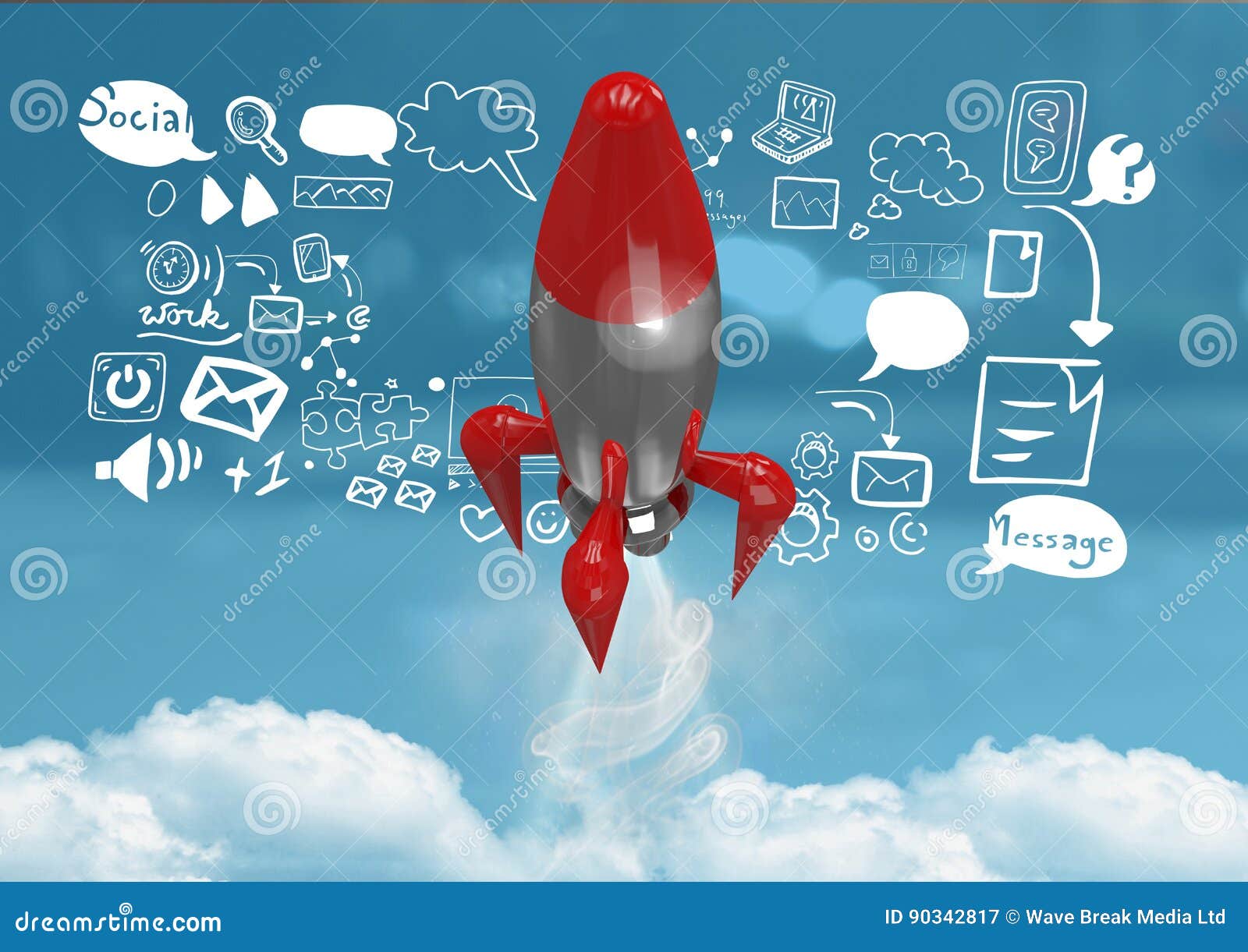 3D Rocket Flying and Social Media Icons Text with Drawings Graphics ...