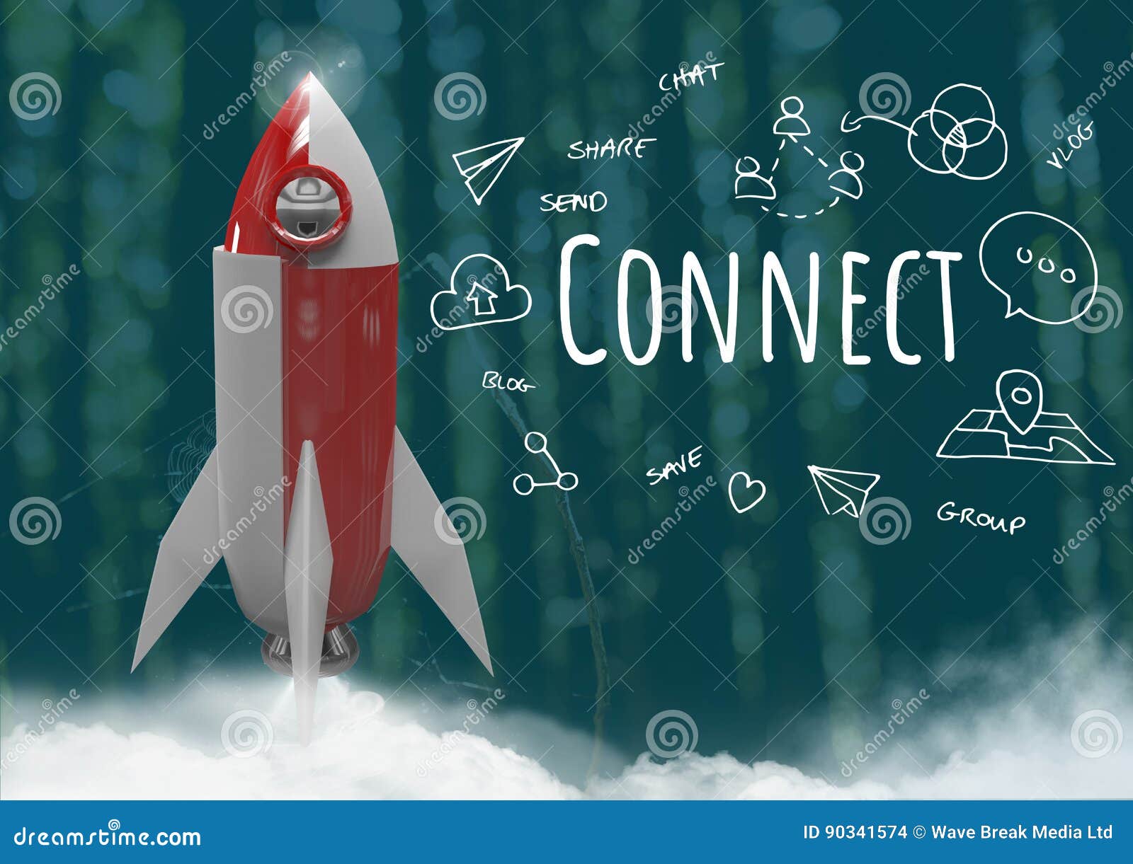 3D Rocket in Forest with Connect Text with Drawings Graphics Stock ...