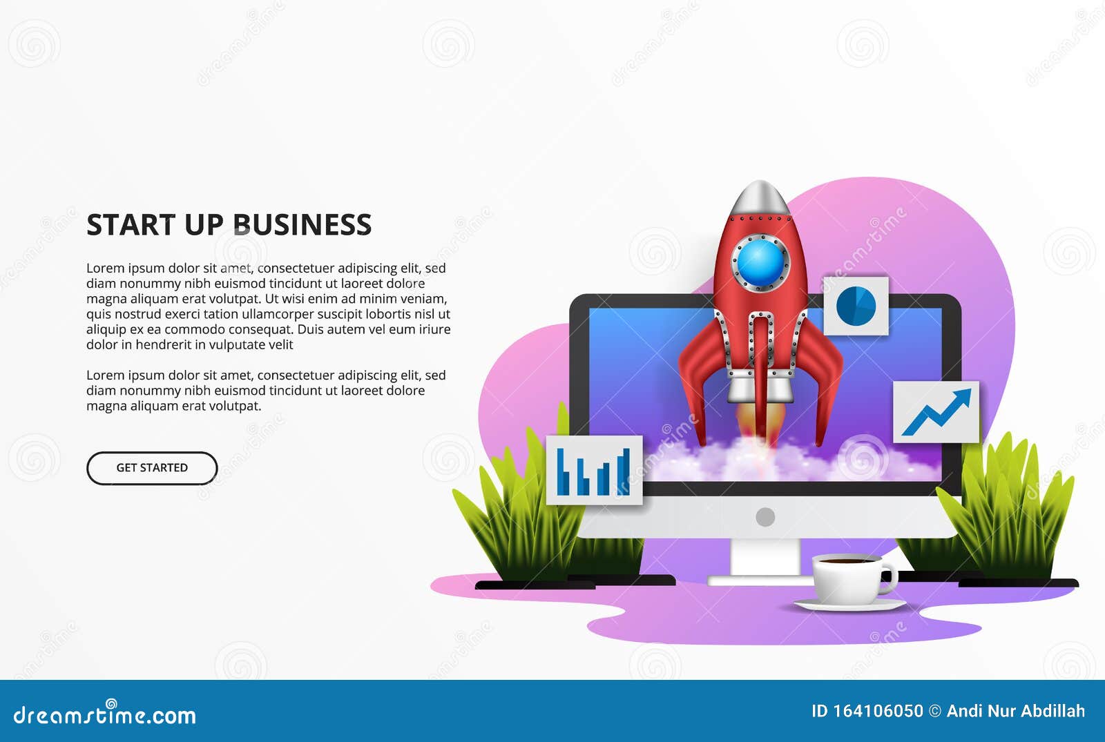 3D Rocket Launch for Business Start Up Concept with Desk Office ...