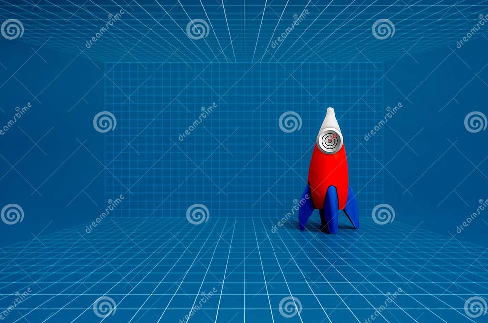 A 3d Rocket is Parking on Blue Room Background with Perspective Net ...