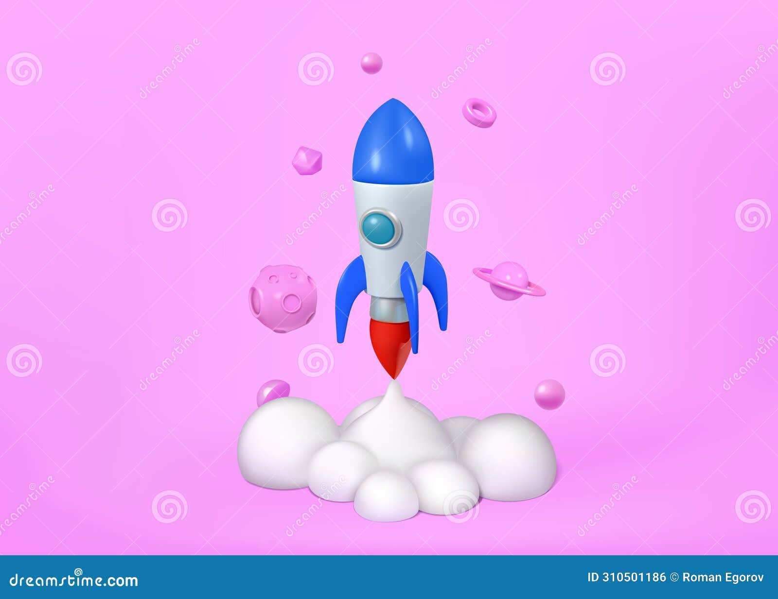 3d Rocket. Space Start Elements, Cute Planets, Spaceship Launch In ...