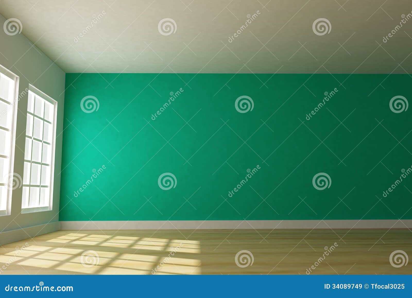 3d Room with Green Wall and Windows Stock Illustration - Illustration ...