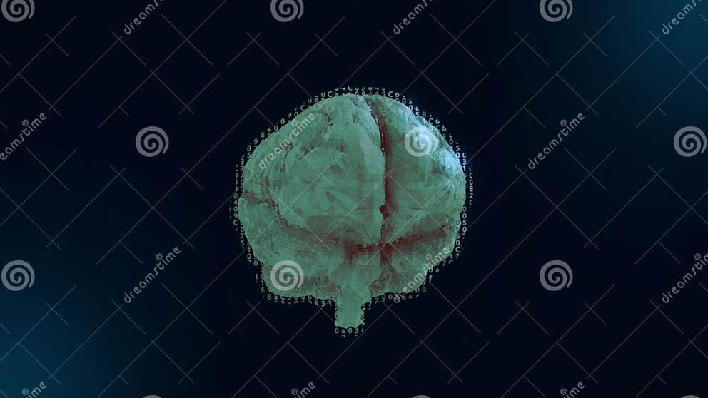 3D Rotating Brain Model with Binar Cod. Motion Graphic of Digital Brain ...