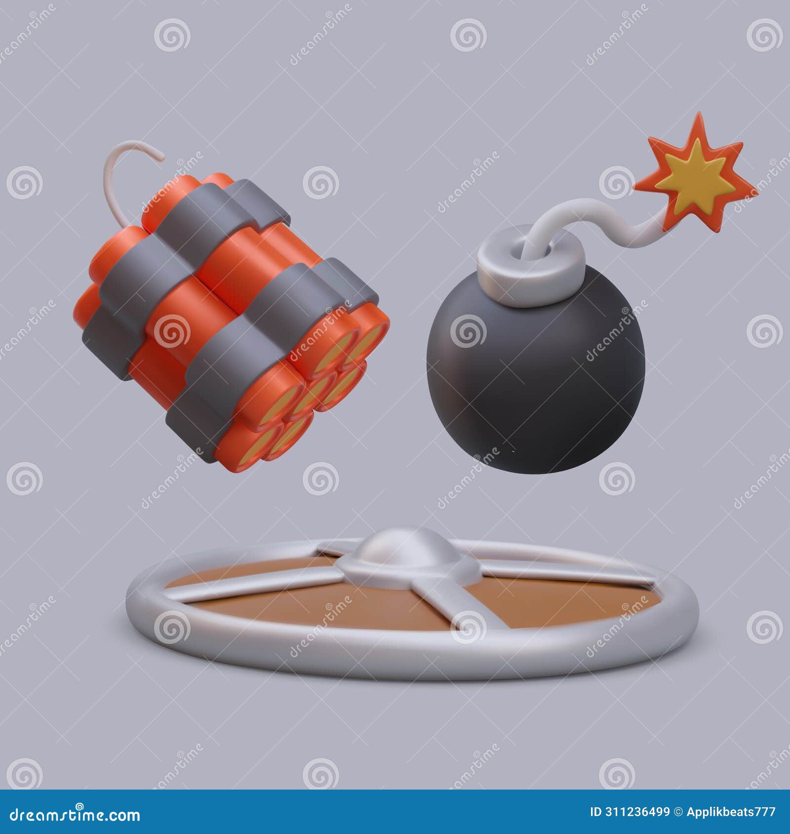 3D Round Shield, Dynamite, Fire Cord Bomb. Game Concept of Attack and ...