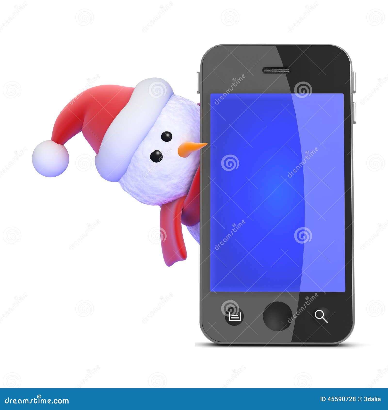 3d Santa Snowman Looks Round a Smartphone Stock Illustration ...