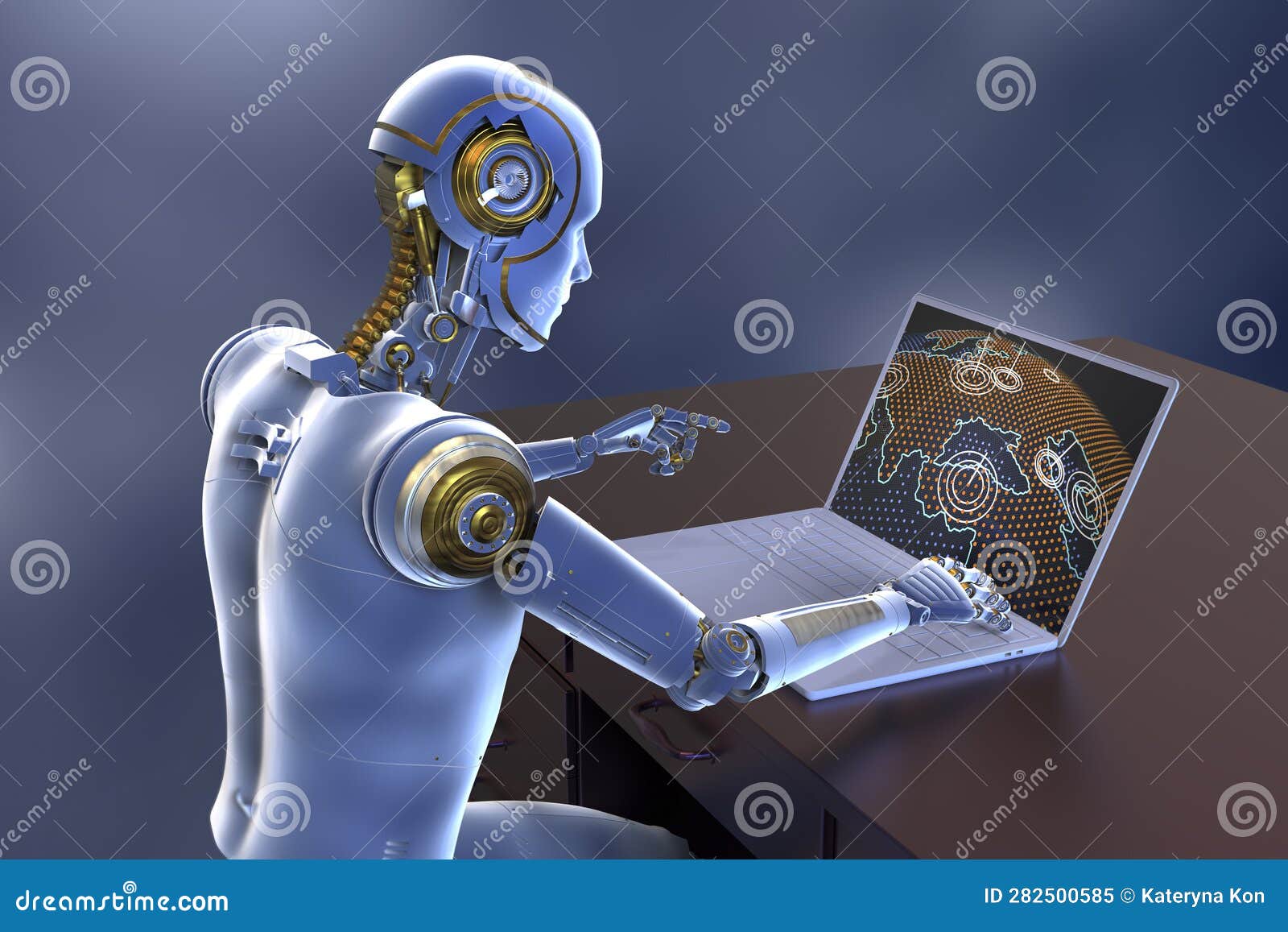 A 3D Scientific Illustration Featuring a Humanoid Robot Engaged in ...