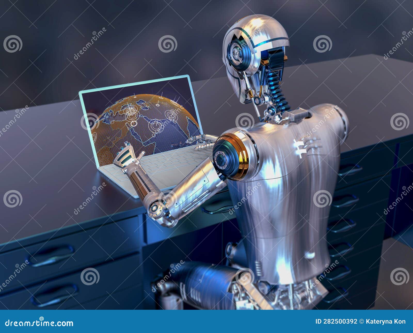 A 3D Scientific Illustration Featuring a Humanoid Robot Engaged in ...