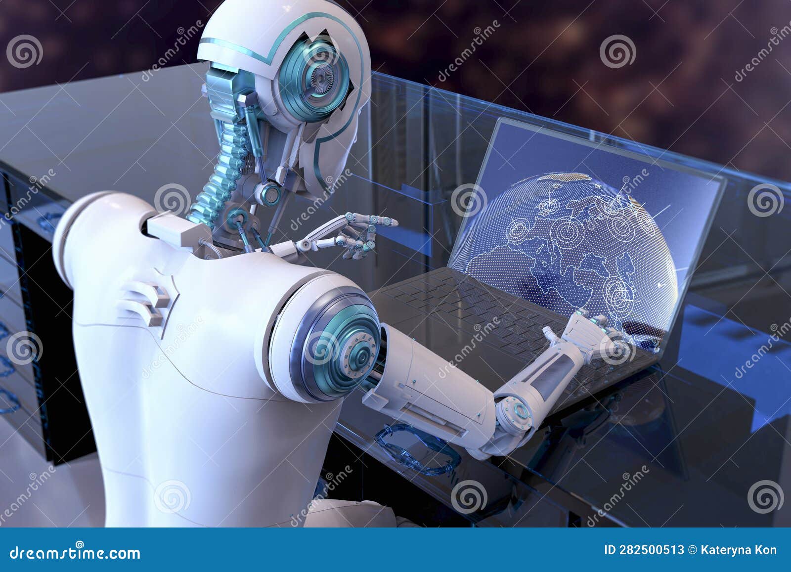 A 3D Scientific Illustration Featuring a Humanoid Robot Engaged in ...