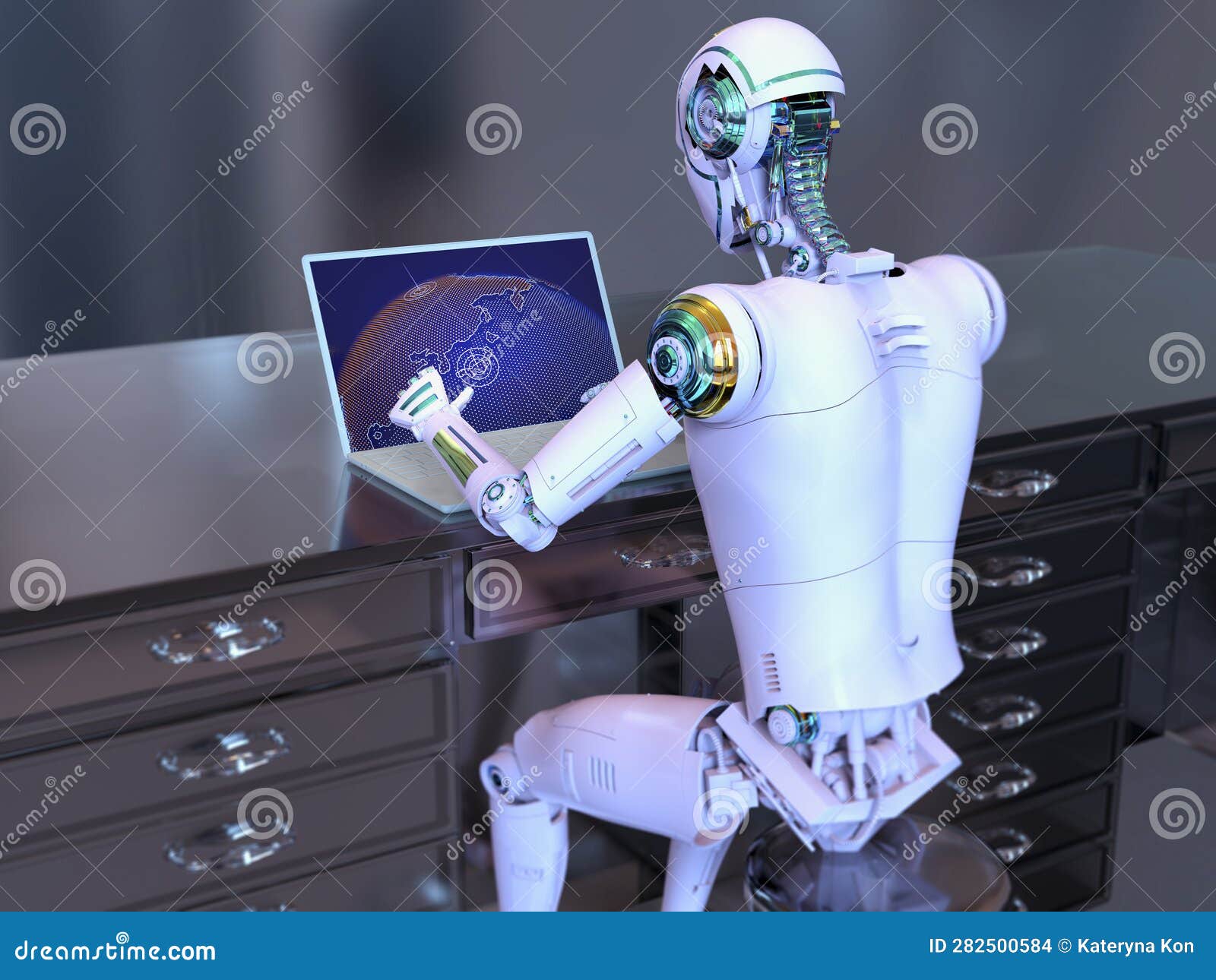 A 3D Scientific Illustration Featuring a Humanoid Robot Engaged in ...