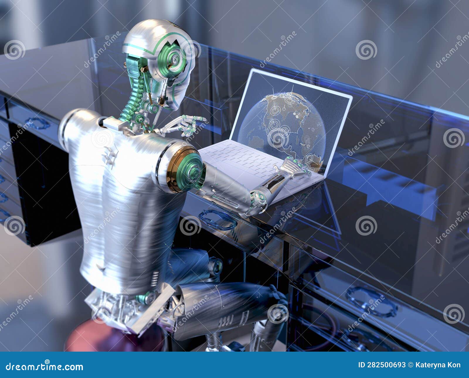 A 3D Scientific Illustration Featuring a Humanoid Robot Engaged in ...