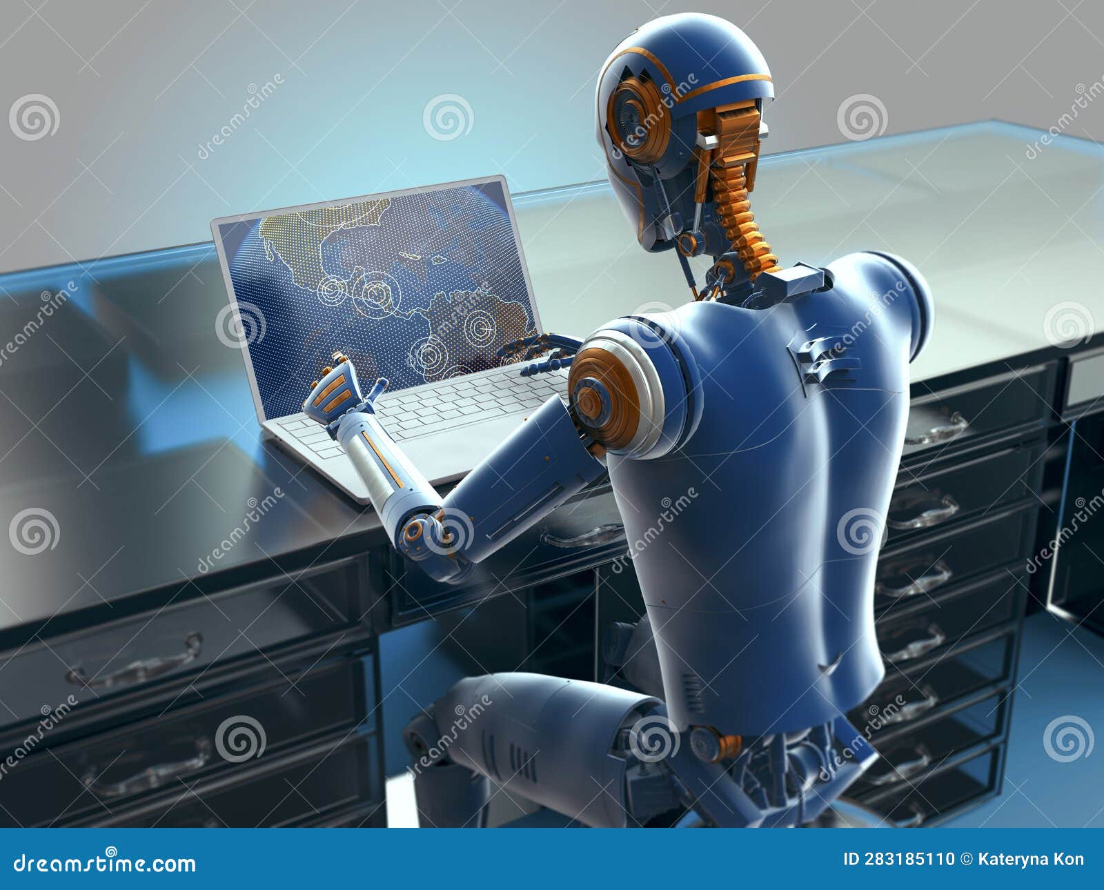 A 3D Scientific Illustration Featuring a Humanoid Robot Engaged in ...