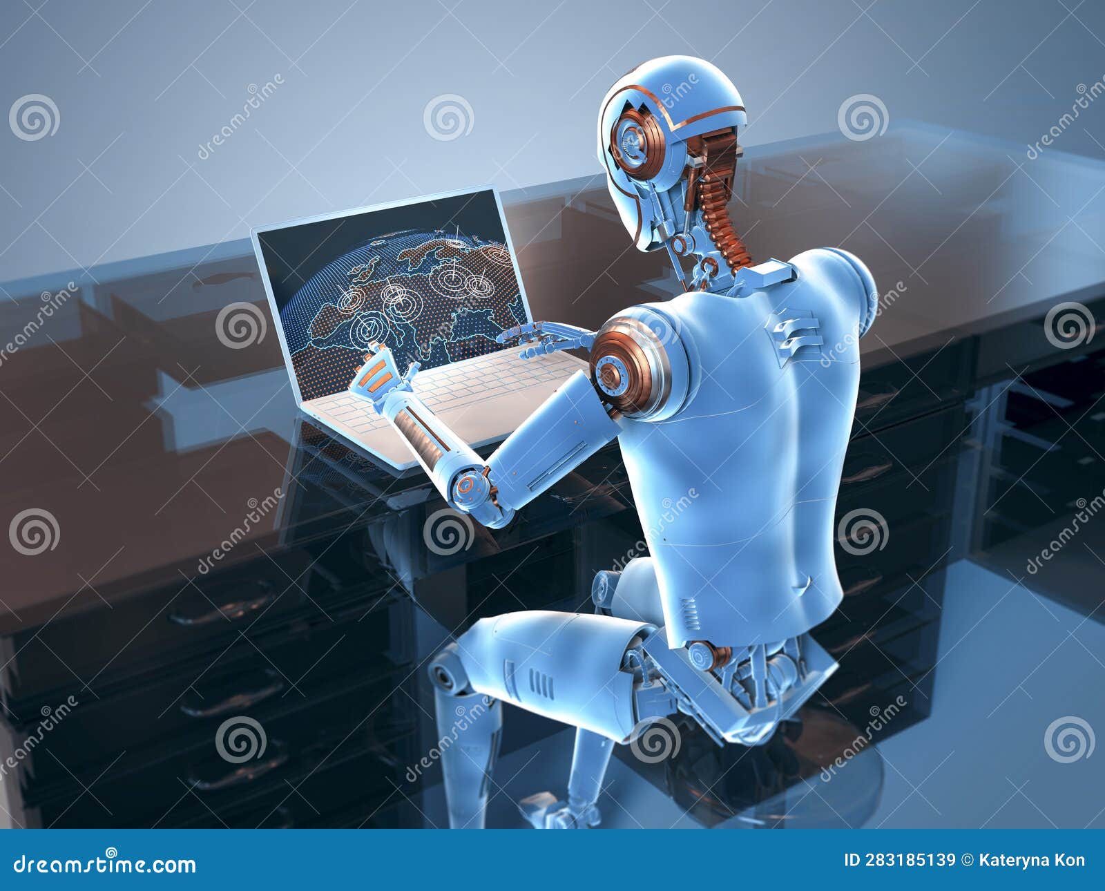 A 3D Scientific Illustration Featuring a Humanoid Robot Engaged in ...