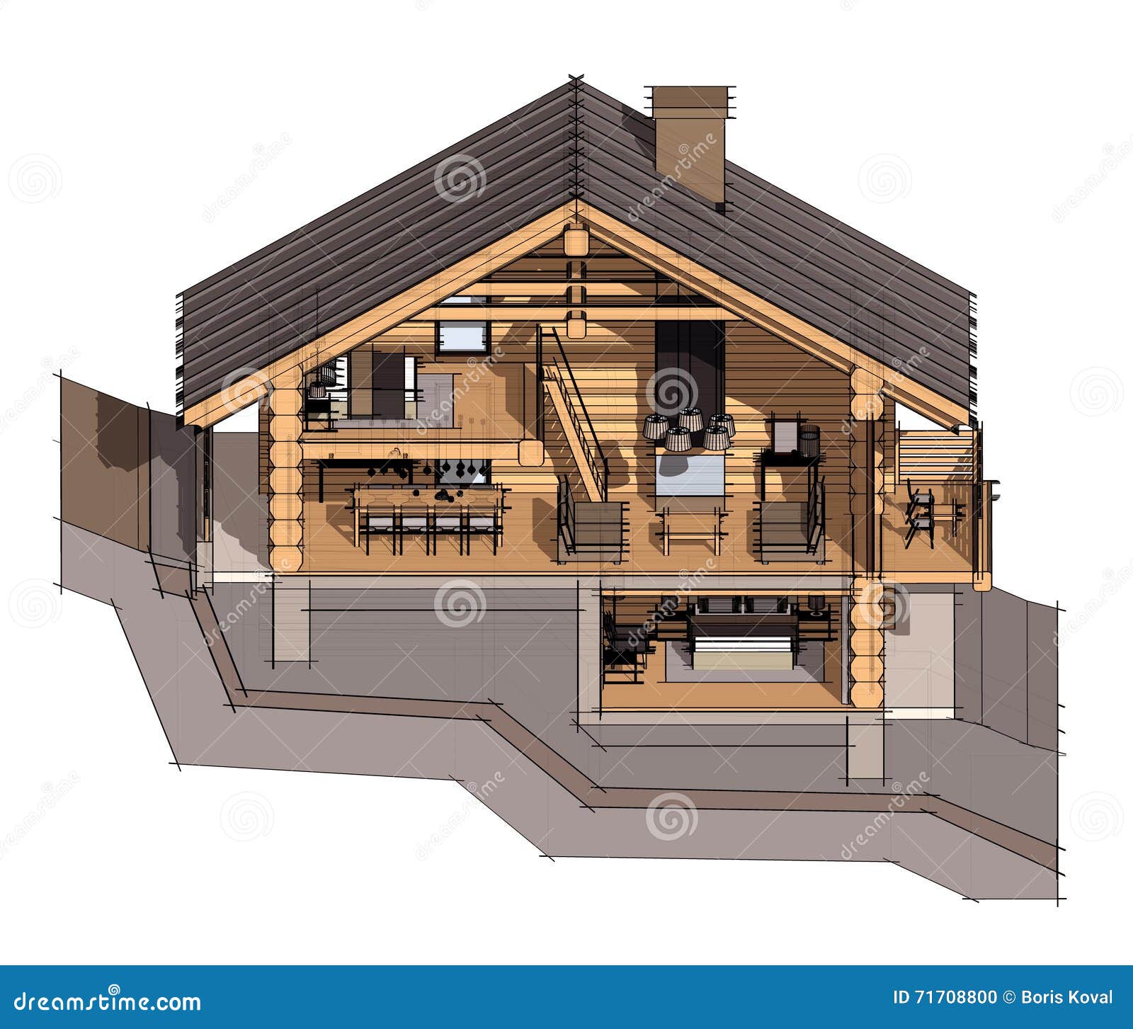 3d Section of a Country House Stock Illustration - Illustration of ...