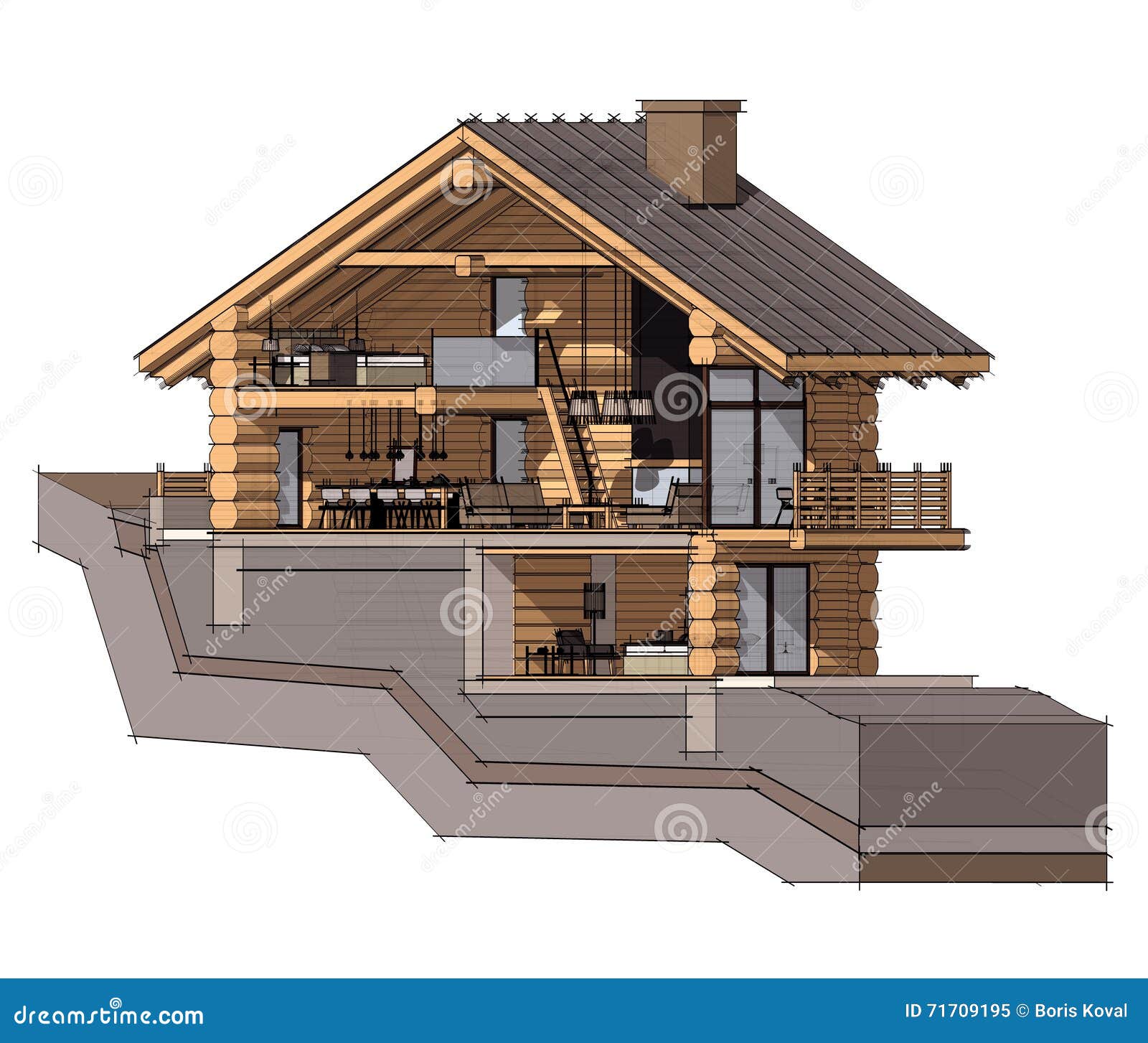 3d Section of a Country House Stock Illustration - Illustration of ...