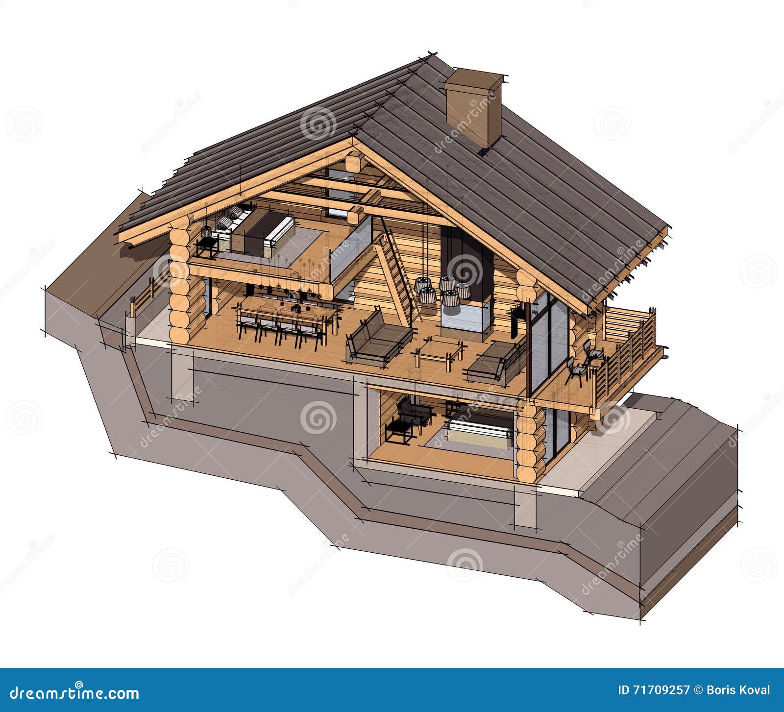 3d Section of a Country House Stock Illustration - Illustration of ...