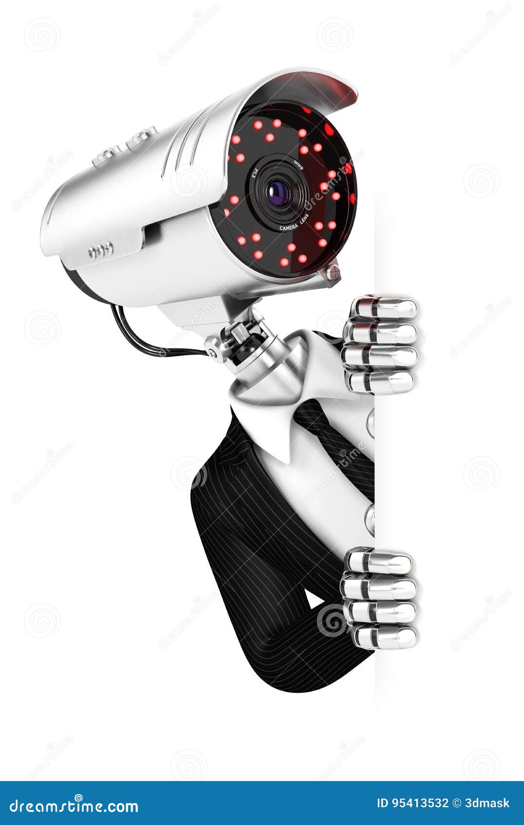 3d Security Agent with Camera Head Peeping Over Blank Wall Stock ...