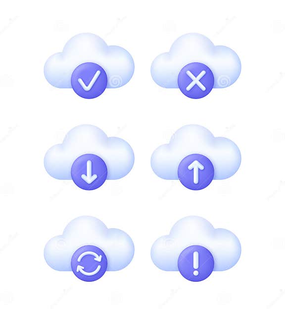 3D Set of Cloud Computing Icon. Download, Upload, Synchronization, Correct, Incorrect, Important ...