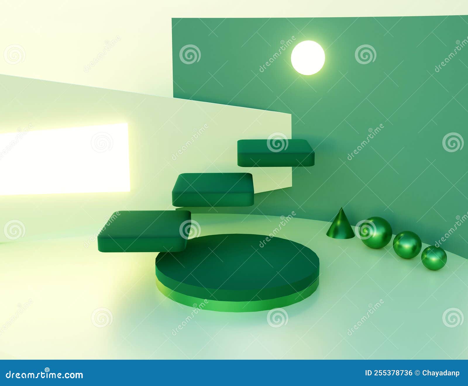 3D Set of Green Array Podiums with Lightning and Abstract Art Objects ...