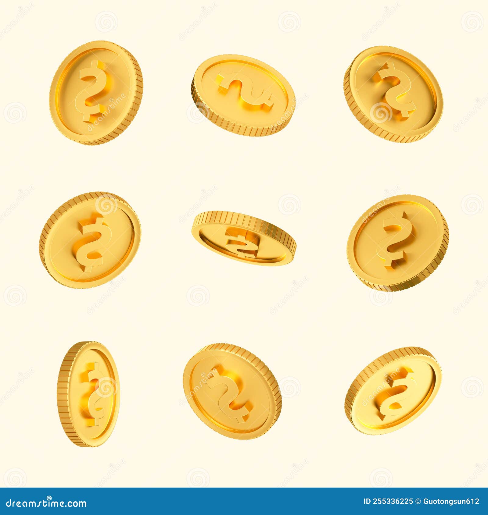 3D Set of Rotation Dollars Coins at Different Angles Stock Illustration ...
