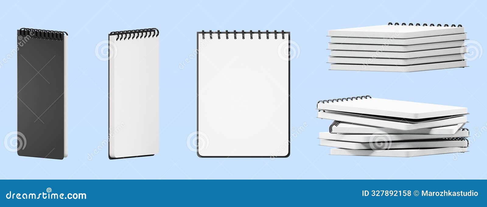 3d Set of Spiral Bound Notebook Stack with White Paper. Blank Notepad ...