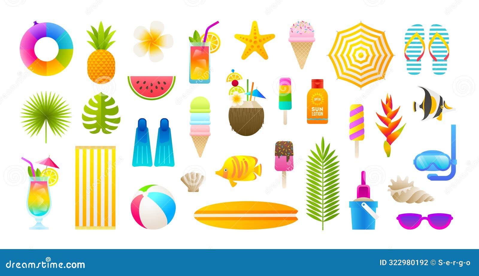 Set of Summer Holiday and Tropical Beach Vacation Objects, Things and ...