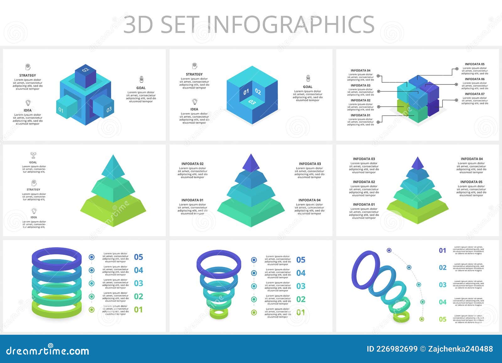 3D Set Vector Infographic Pyramid, or Comparison Chart with 3, 4, 5, 6 ...