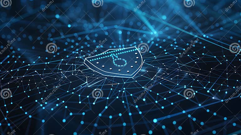 3D Shield Symbol with Network Data Points on Blue Background - AI ...