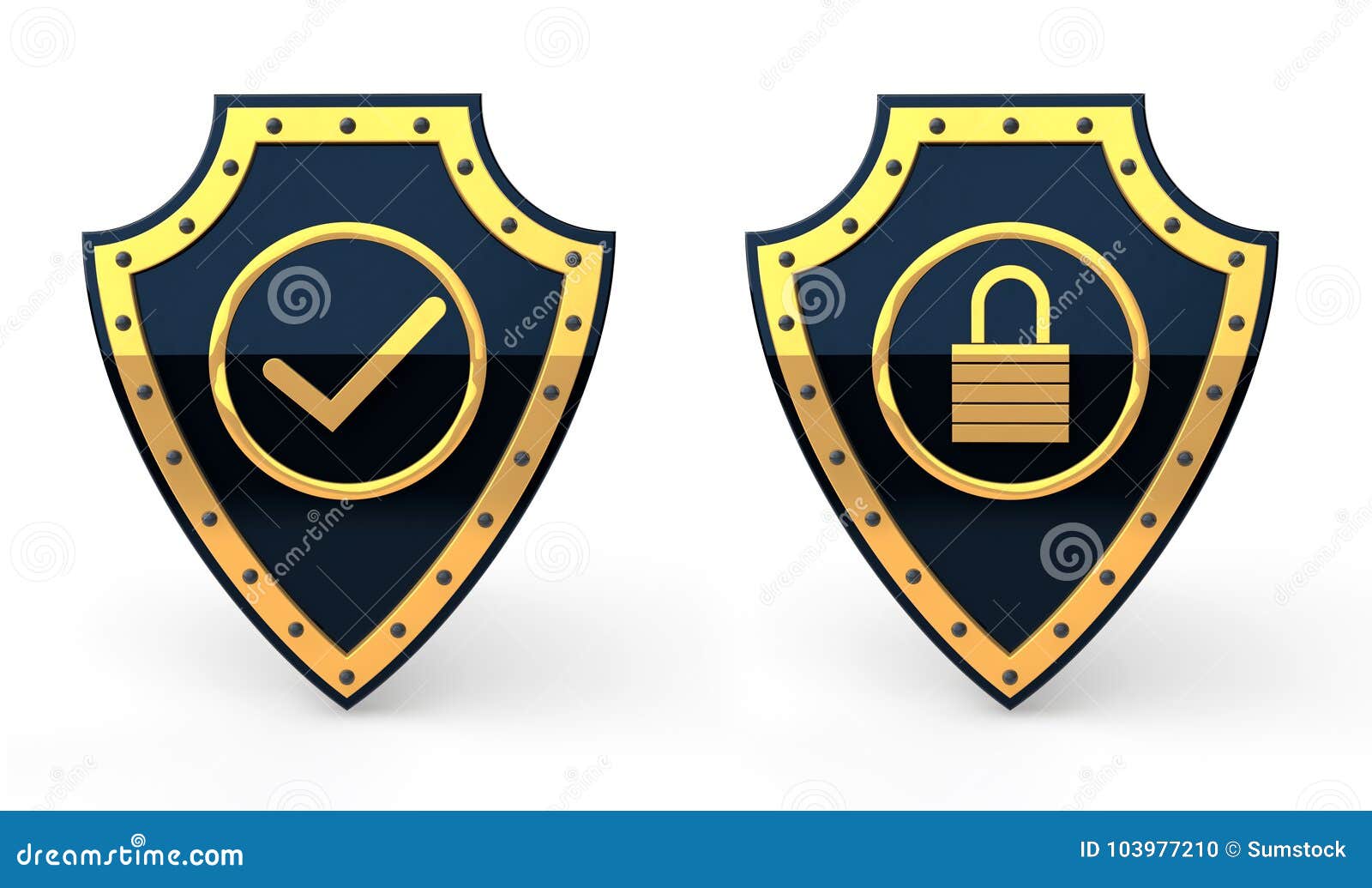 3D Shields with Lock and Tick Mark Symbols Stock Illustration ...