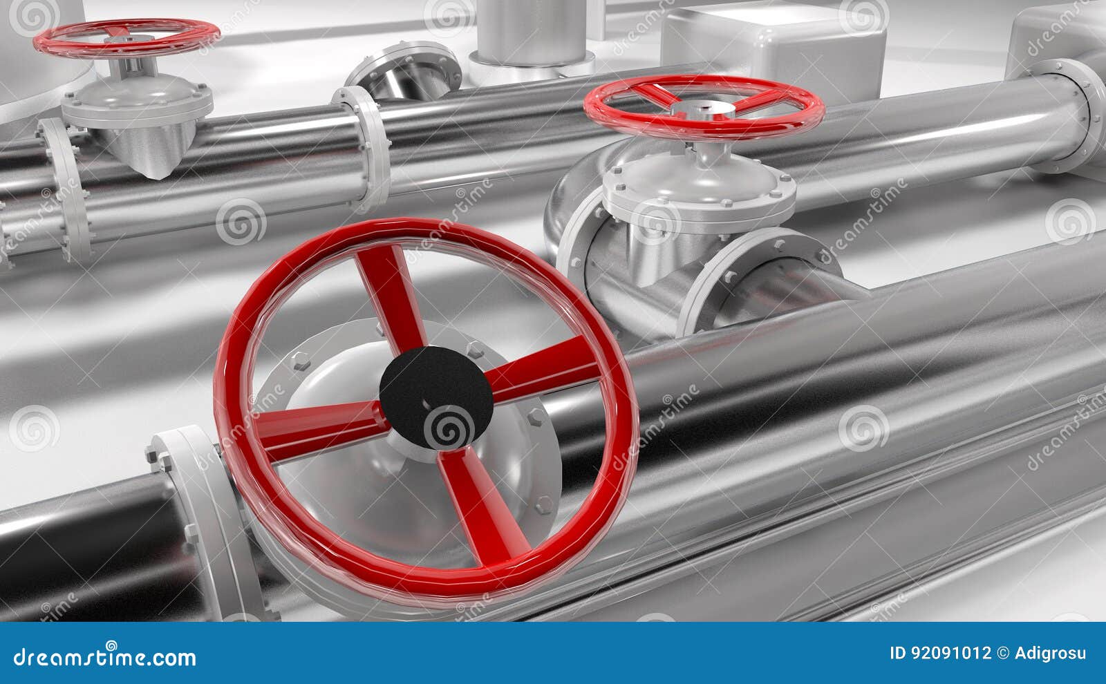 3D Shiny Metallic Pipes and Red Control Wheels in a Pipes Structure ...