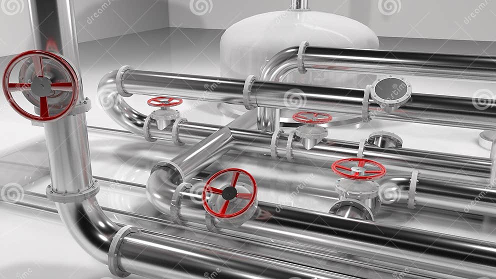3D Shiny Metallic Pipes and Red Control Wheels in a Pipes Structure ...