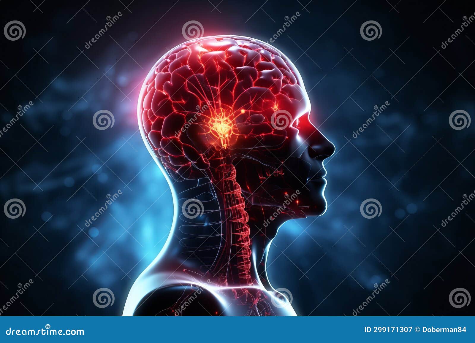 3D Side Image of Human Head with Luminous Brain Network, Electrical ...