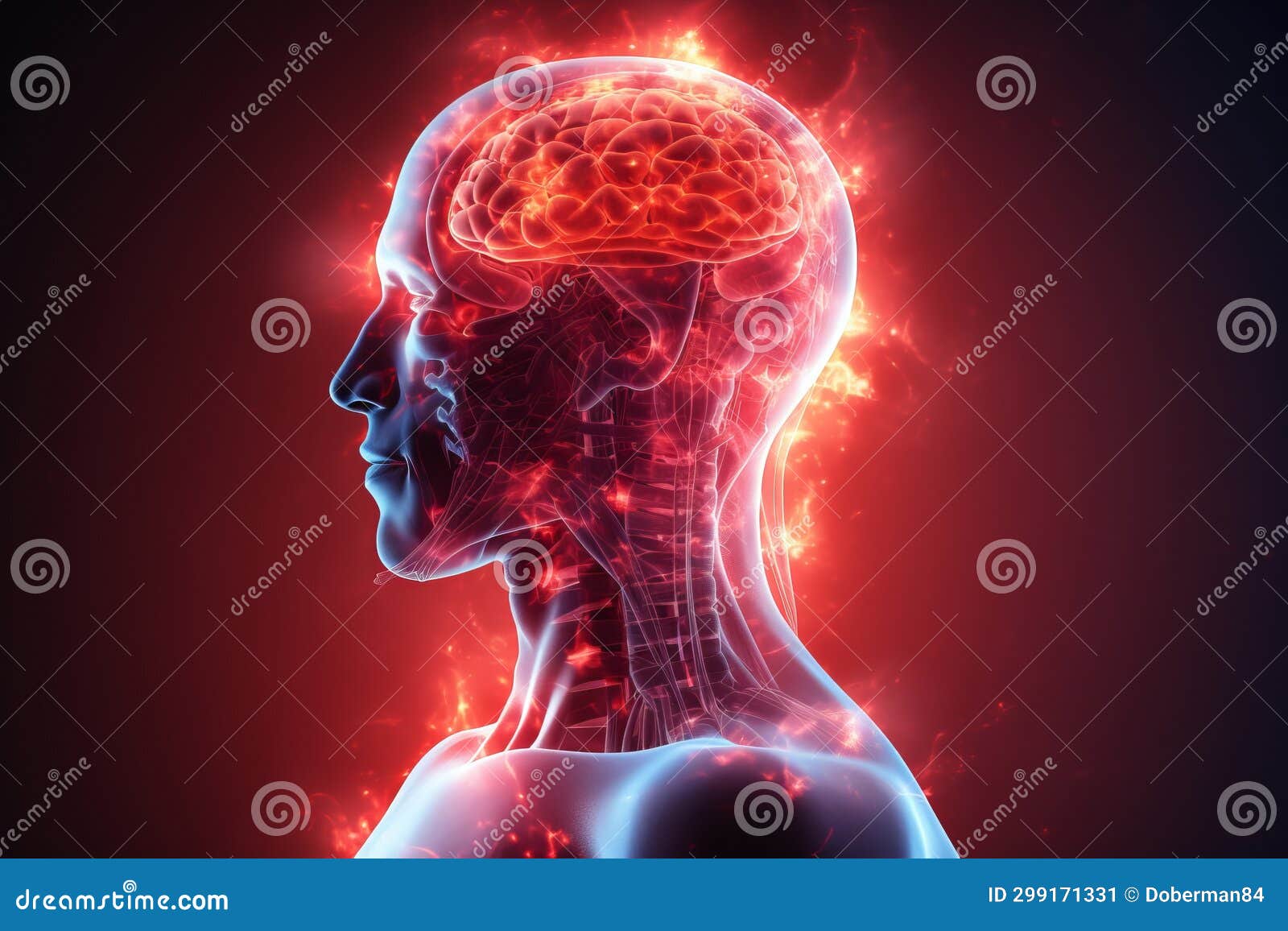 3D Side Image of Human Head with Luminous Brain Network, Electrical ...