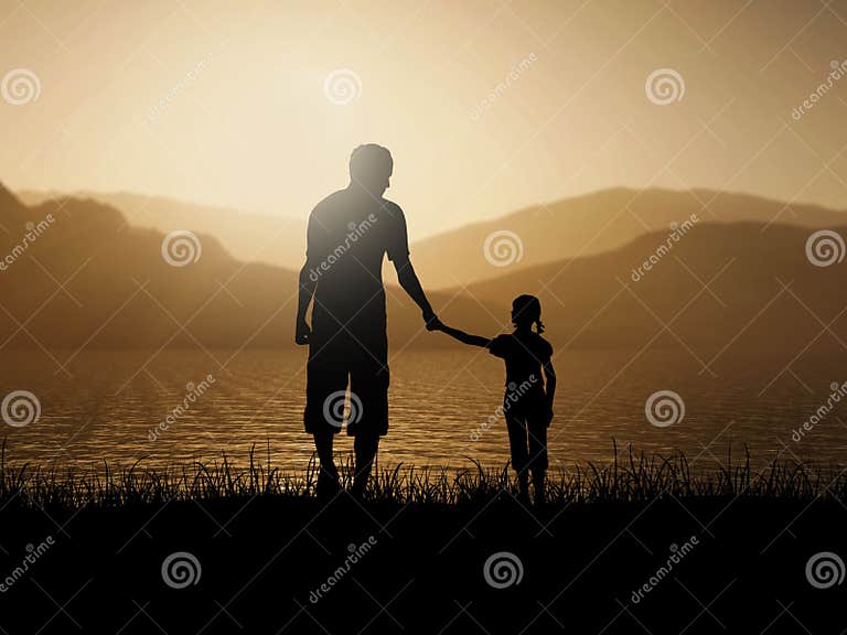 3d Silhouette Of Father And Daughter Against A Sunset Ocean Land Stock