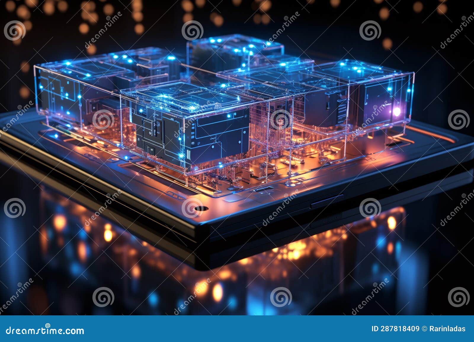 3D Silver Cube Matrix on Smartphone Screen with Blue Neon Light Stock ...