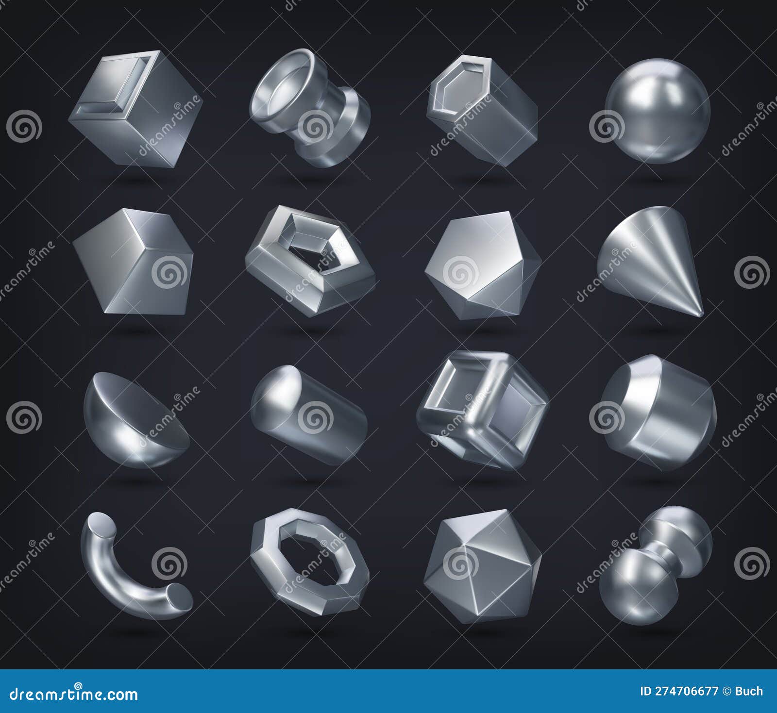 3D Silver Geometric Shapes, Glossy Metal Figures Stock Vector ...