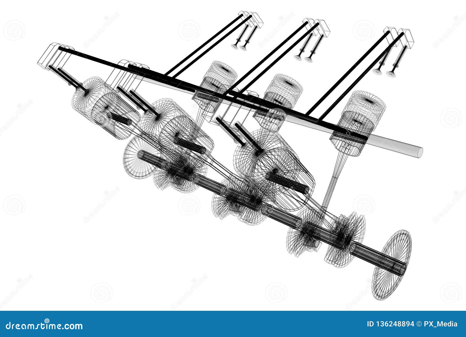 3D Six-cylinder Car Engine, Wireframe, White Background Stock ...