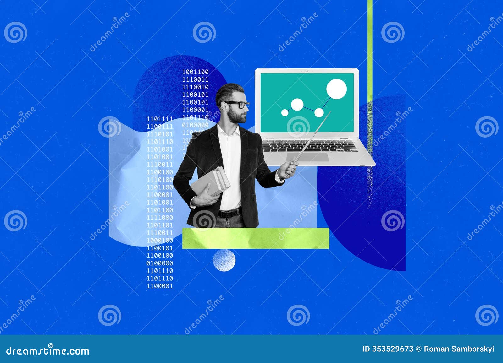 3d Sketch Collage Image of Serious Man Academic Hold Stick Book Stack ...