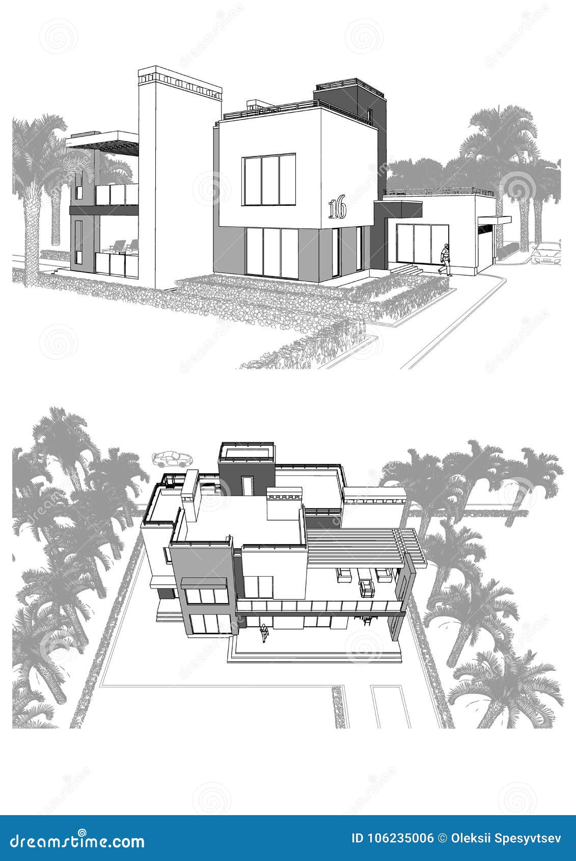 3d Sketch of a Modern Private Building with a Terrace, Surrounded by ...