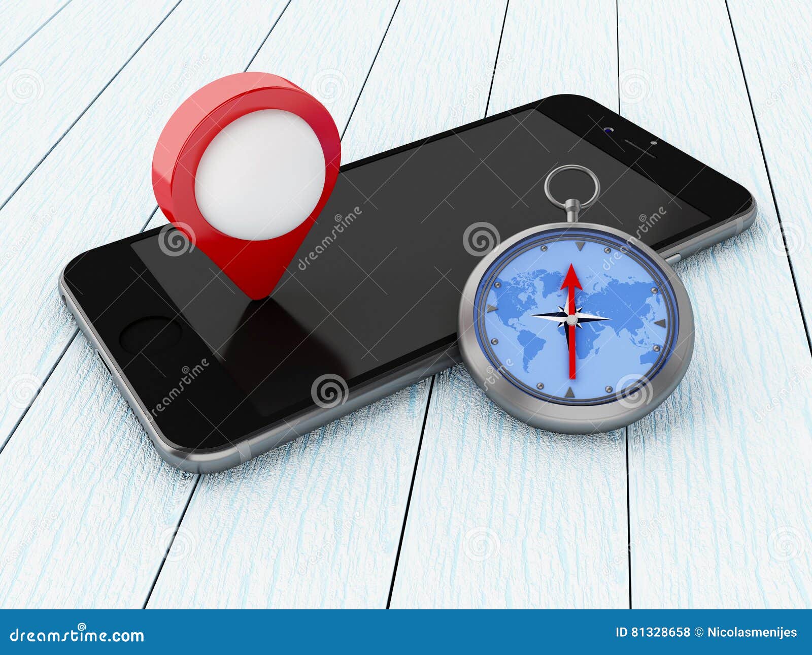 3D Smartphone with Map Pointer and Compass. Stock Illustration ...