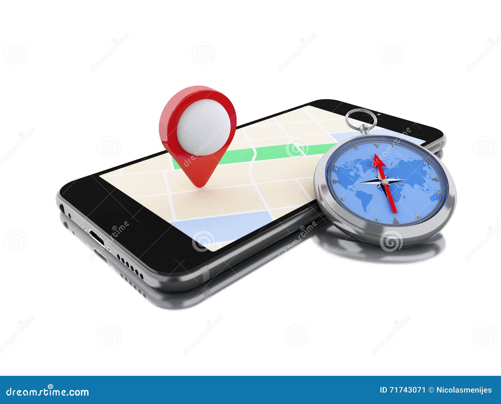 3d Smartphone with a Map, Red Pointer and a Compass. Stock Illustration ...