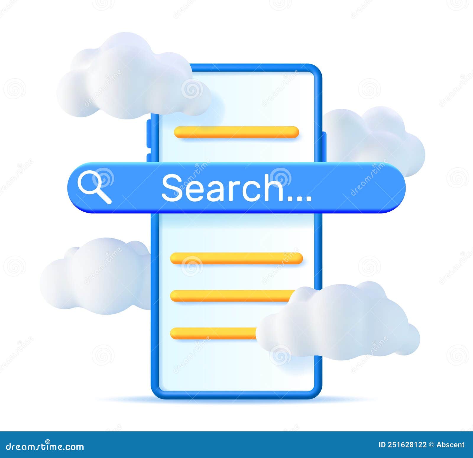 3D Smartphone with Search Bar in Clouds Isolated. Stock Vector ...